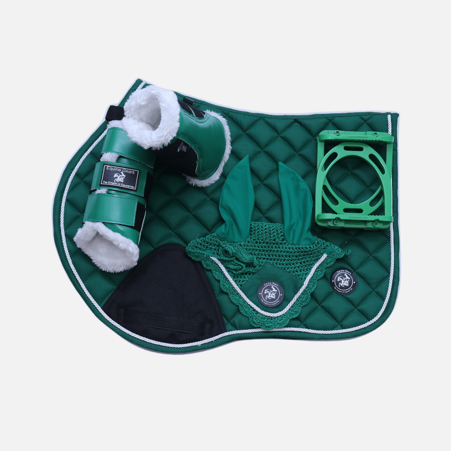 Equine Full kit of Green Numnah / Ear Bonnet / Brushing Boot / Stirrup